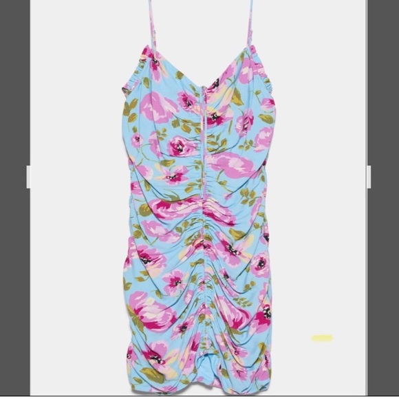 Zara | Dresses | Nwt Zara Ruched Blue Pink Floral Ruched Mini Dress M ...